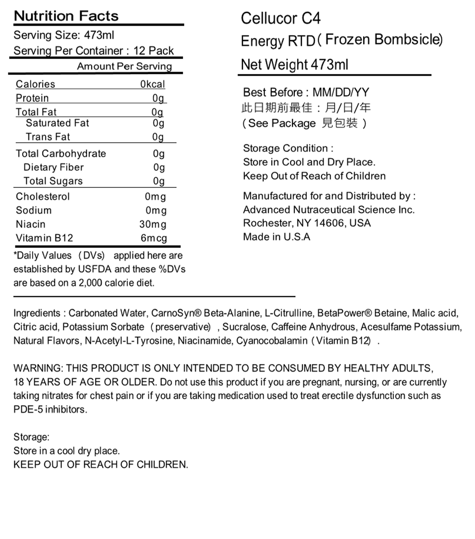 Cellucor – C4 Pre-Workout Energy Carbonated Drinks (Frozen Bombsicle ...
